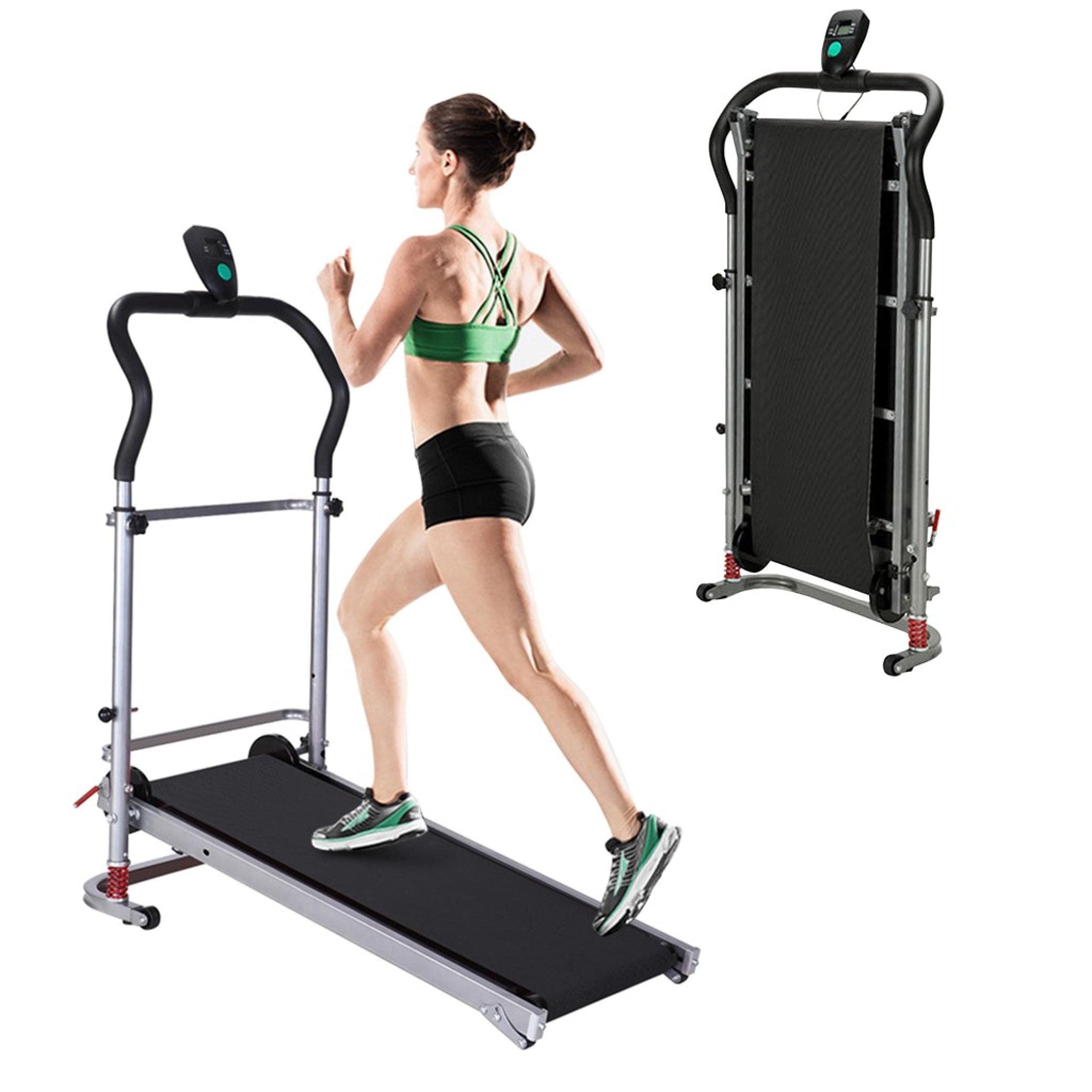 GGSMD New Folding Manual Treadmill Running Machine for Small Space,2 Level Incline,Twin Flywheels,Upgraded Shock-Absorbing,LED Display,Easy Assembly, Women Men - US Spot, Black, 53.1x37.4x20.5 inch