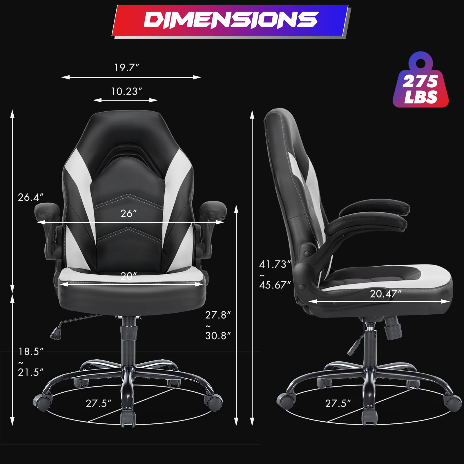 Gaming Chair, Ergonomic Office Chair High Back Computer Chair with PU Leather and Flip-up Armrest, Executive Ergonomic Adjustable Swivel Task Chair - White