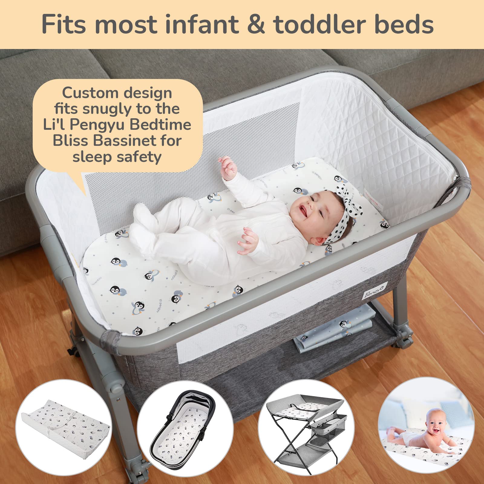 Li'l Pengyu Bedtime Bliss Foldable Bassinet, Comfy Mattress Pad Bassinet Sheet (2 Per Pack)