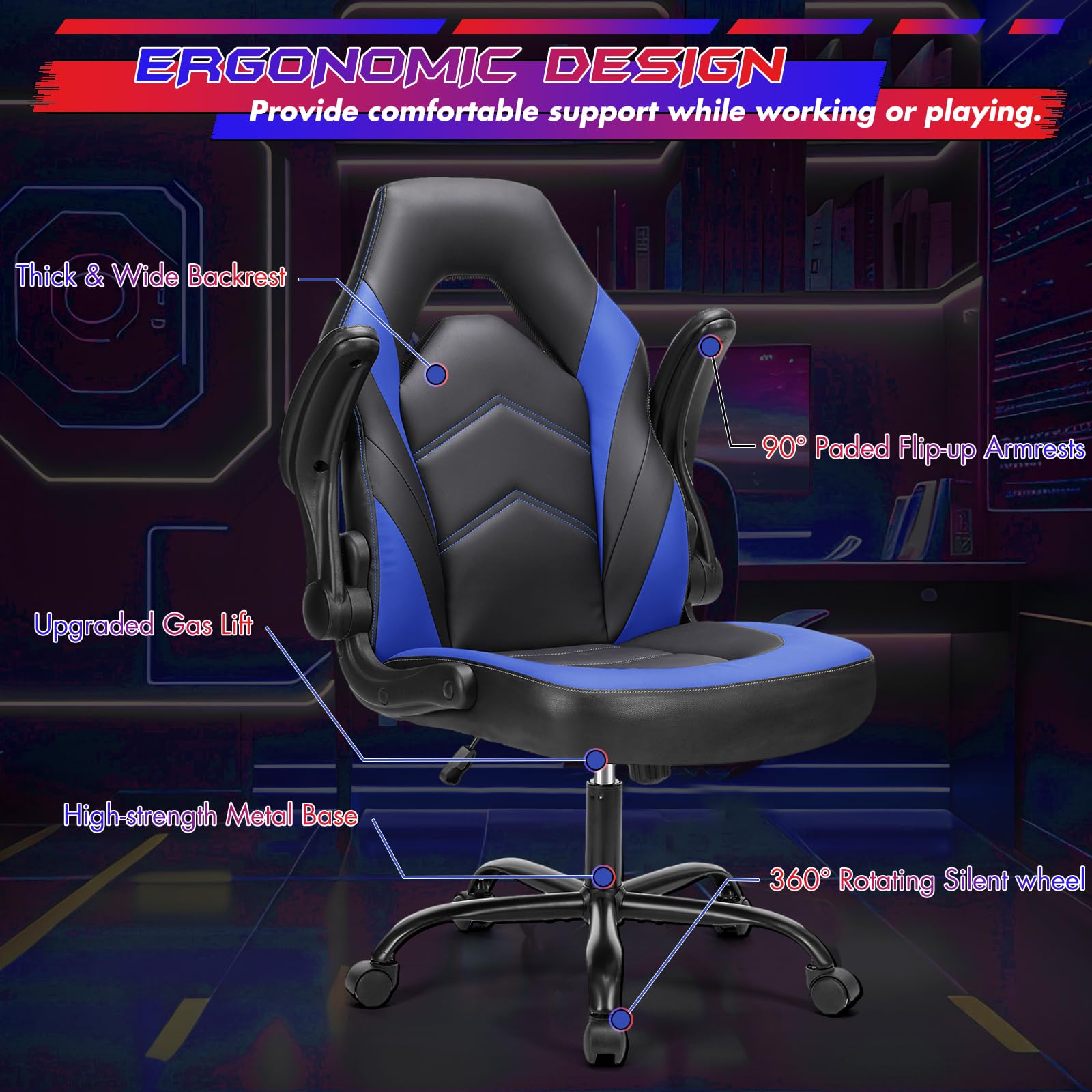 Gaming Chair, Ergonomic Office Chair High Back Computer Chair with PU Leather and Flip-up Armrest, Executive Ergonomic Adjustable Swivel Task Chair - Blue