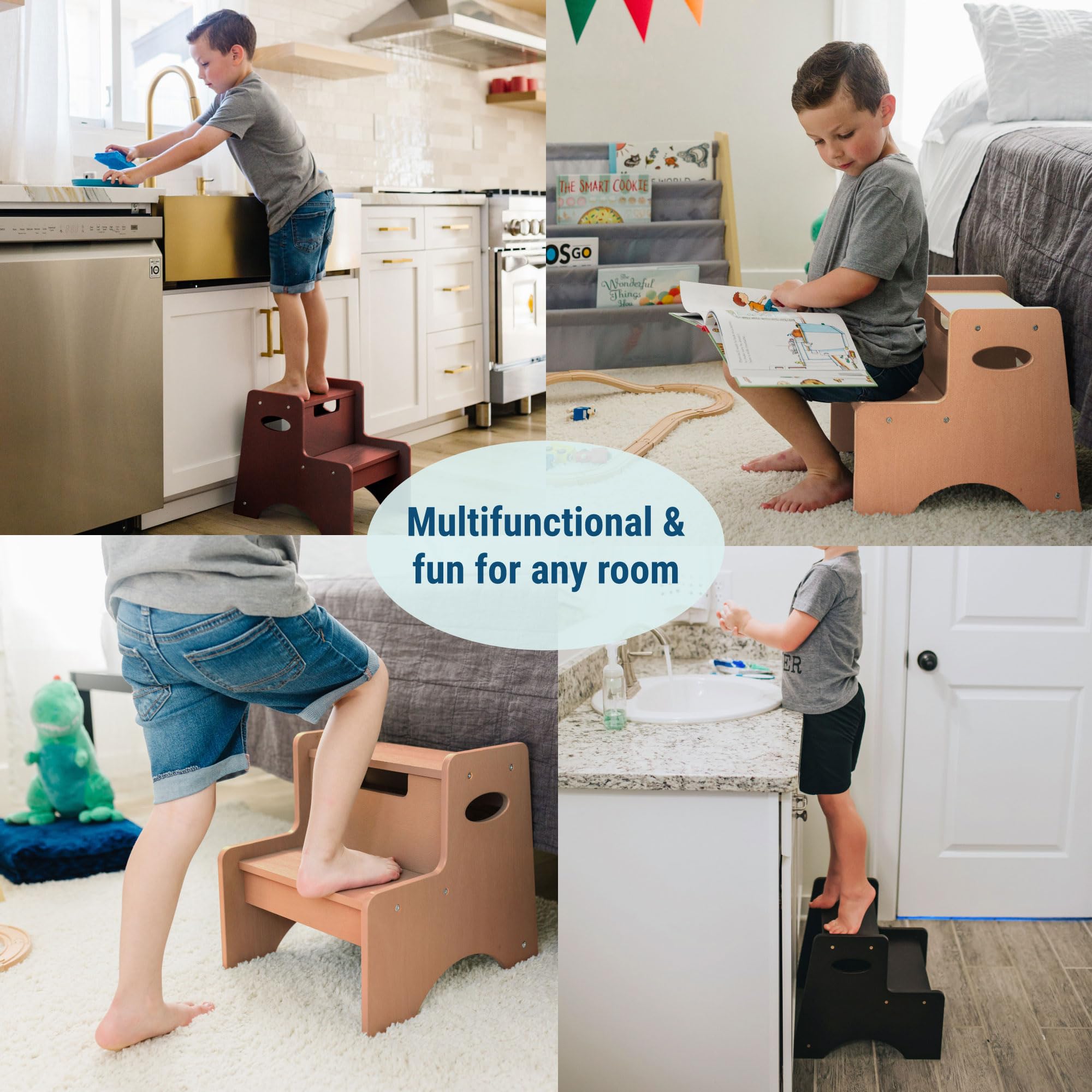 Wildkin Wooden Two-Step Stool for Kids and Adults, Perfect Kitchen Step Stool or Bathroom Potty Stool, Kids Stepping Stool Features Two Convenient Carrying Handles, Ideal for Home Use (Gray)