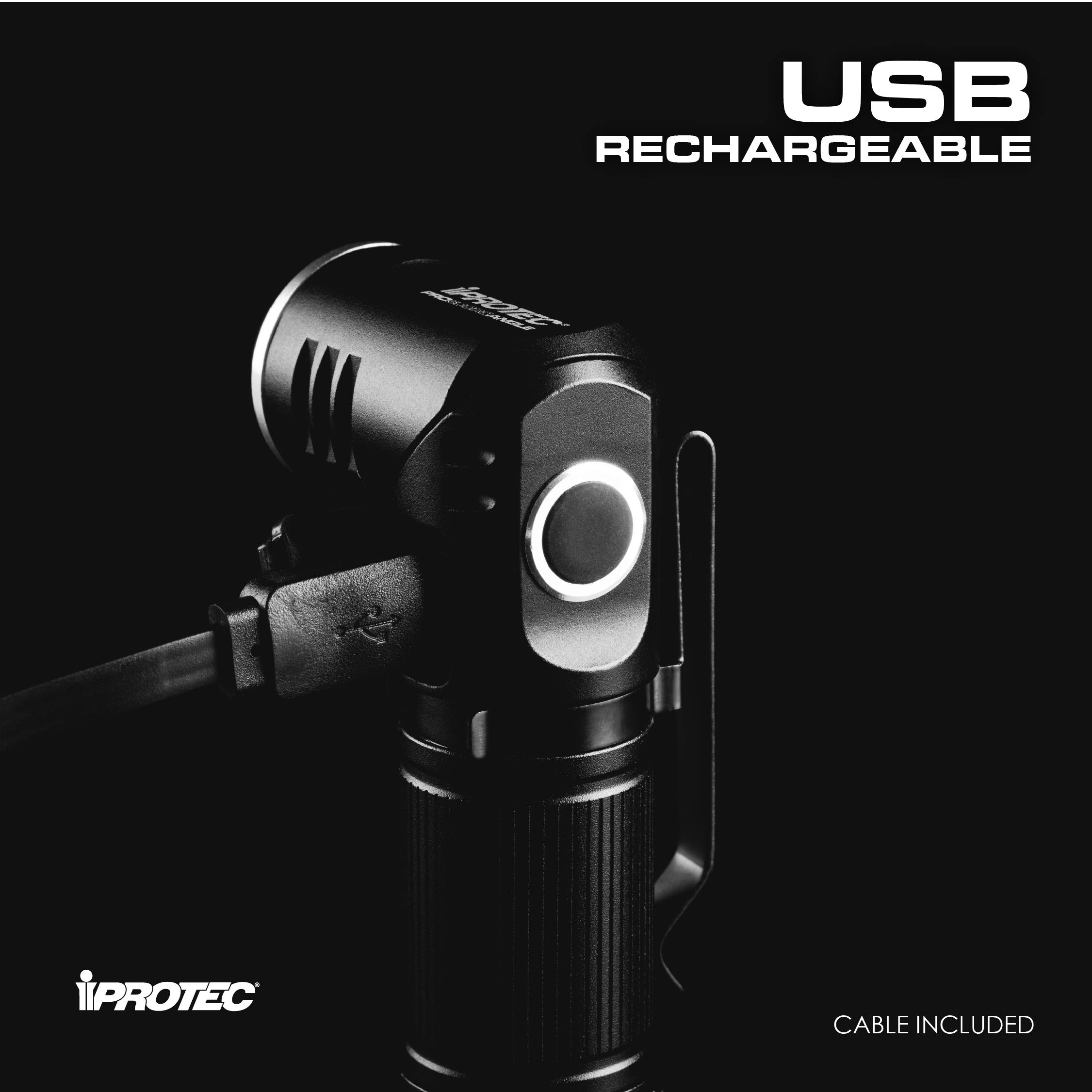 iProtec PRO500RCAngle 500 Lumen 90 Degree Pivoting Flashlight, USB Rechargeable Angled Tactical Work Light with Rotating Head 3 Light Modes; Pocket Clip Magnetic Base for Hands-Free Lighting