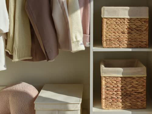 StorageWorks Wicker Storage Cubes with Liners, Water Hyacinth Storage Baskets for Shelving, Handwoven Square Baskets with Built-in Handles, Medium, 4 Pack