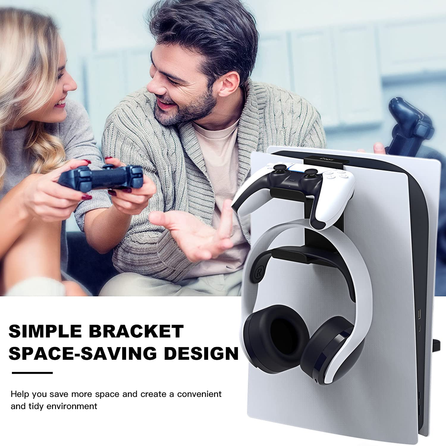 Headphone Hook Holder Stand & Gamepad Controller Stand for PS5, Xbox Series X, Screwless Portable Storage Rack Accessories - Black