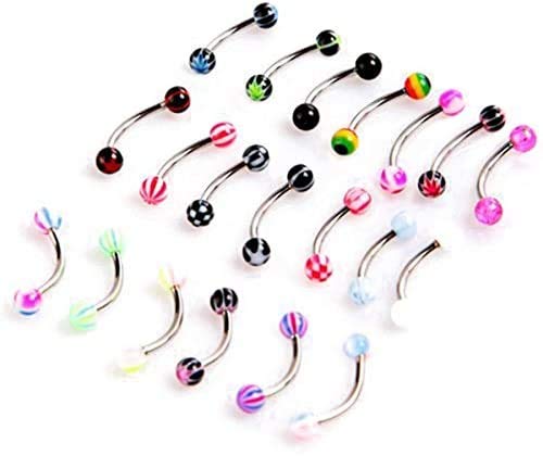 Hinleise Colorful Stainless Steel Ball Barbell Curved Eyebrow Rings Bars Tragus Piercing(20 pieces)
