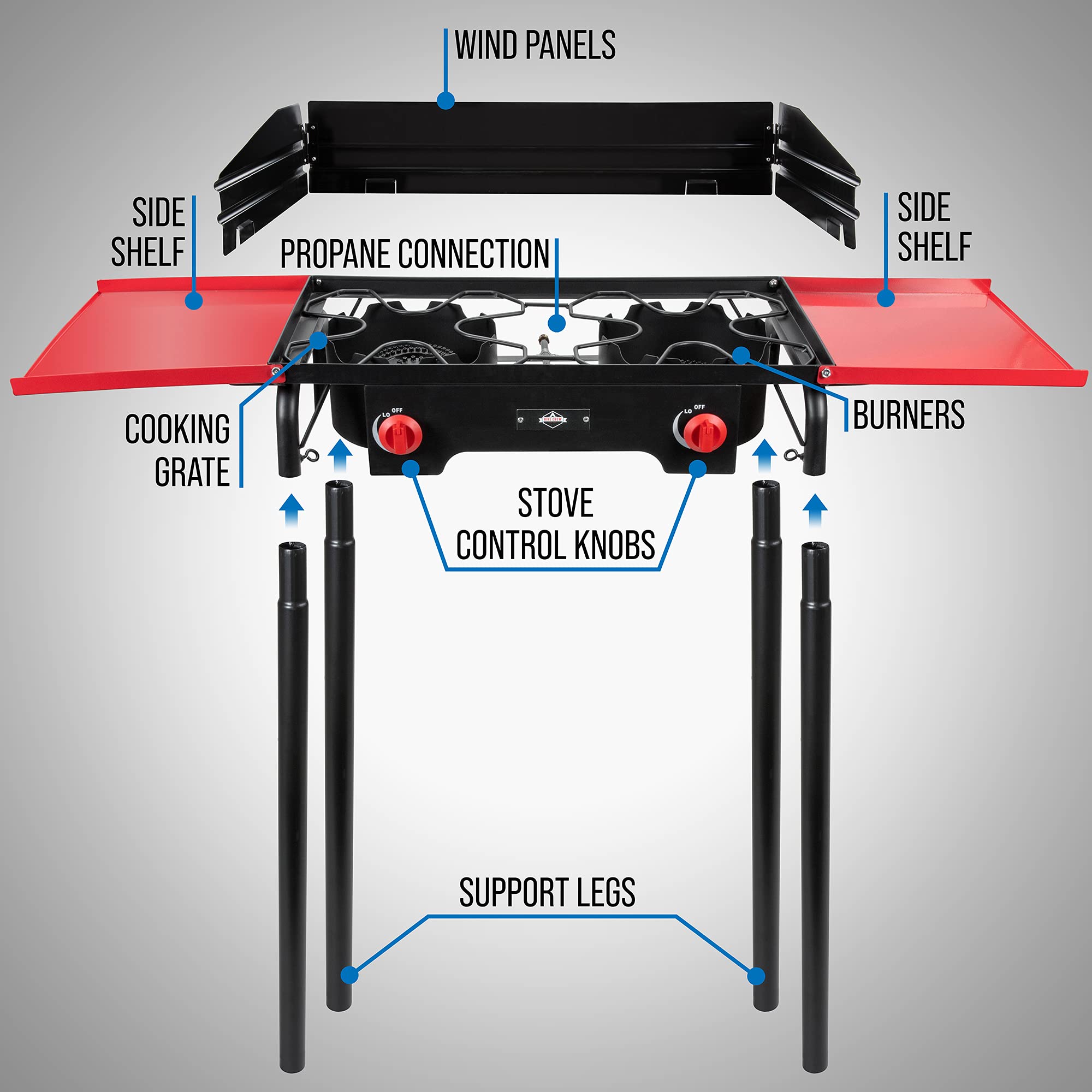 Hike Crew Cast Iron Double-Burner Outdoor Gas Stove | 150,000 BTU Portable Propane-Powered Cooktop with Removable Legs, Temperature Control Knobs, Wind Panels, Hose, Regulator & Storage Carry Case