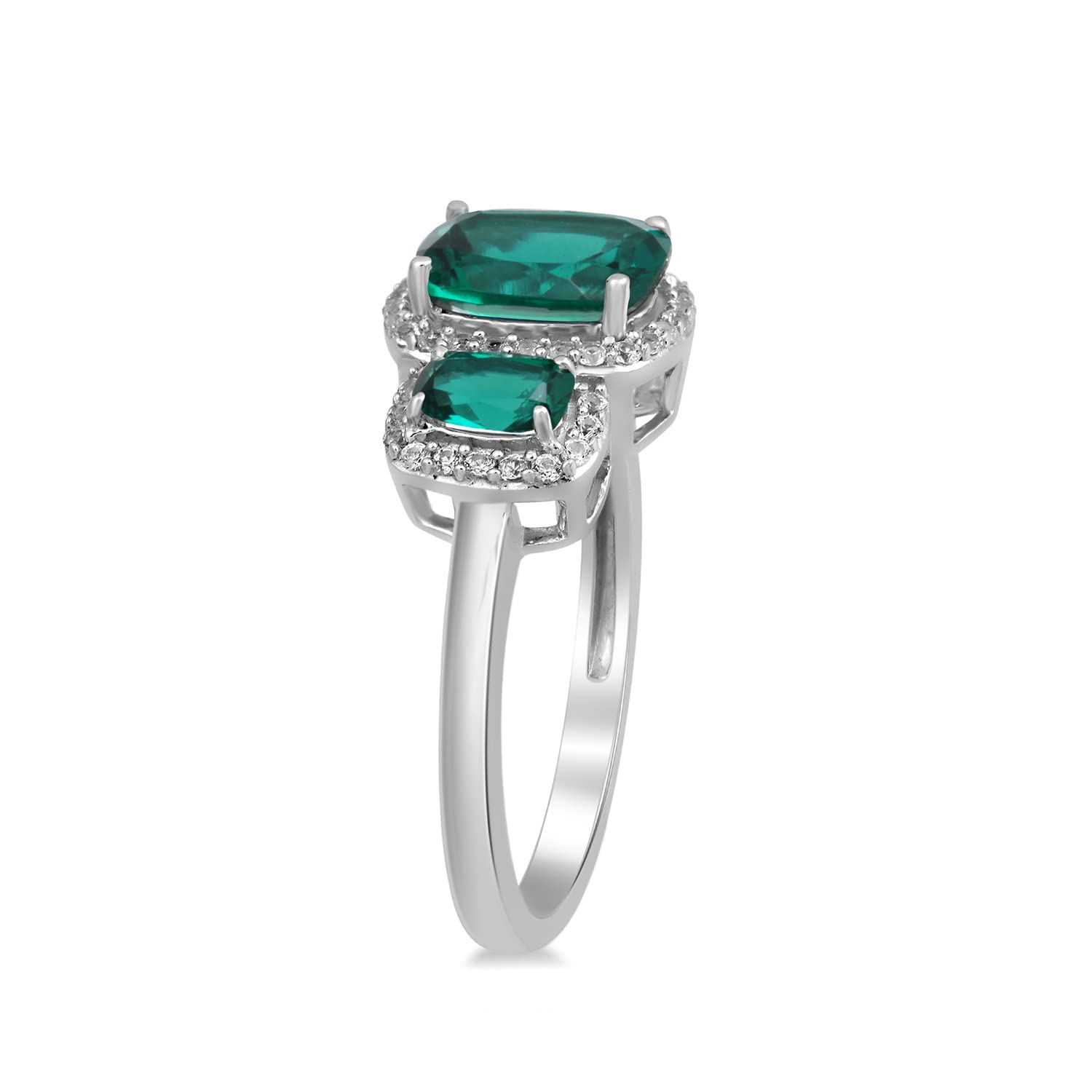 Jewelili Sterling Silver 8x6 and 5x3 MM Cushion Cut Emerald and Round Created White Sapphire Engagement Ring, Size 7