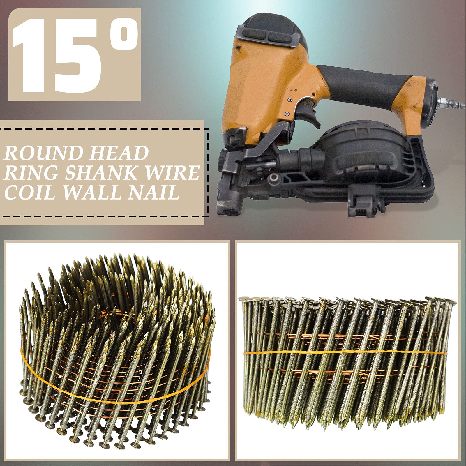 Hotop 3600 Count Siding Nails, 15-Degree Wire Collated Coil Stainless Steel Ring Shank Nails, Full Round Head Hot-Dipped Galvanized Siding Nailer Attachment Replacement Parts (2 Inch)