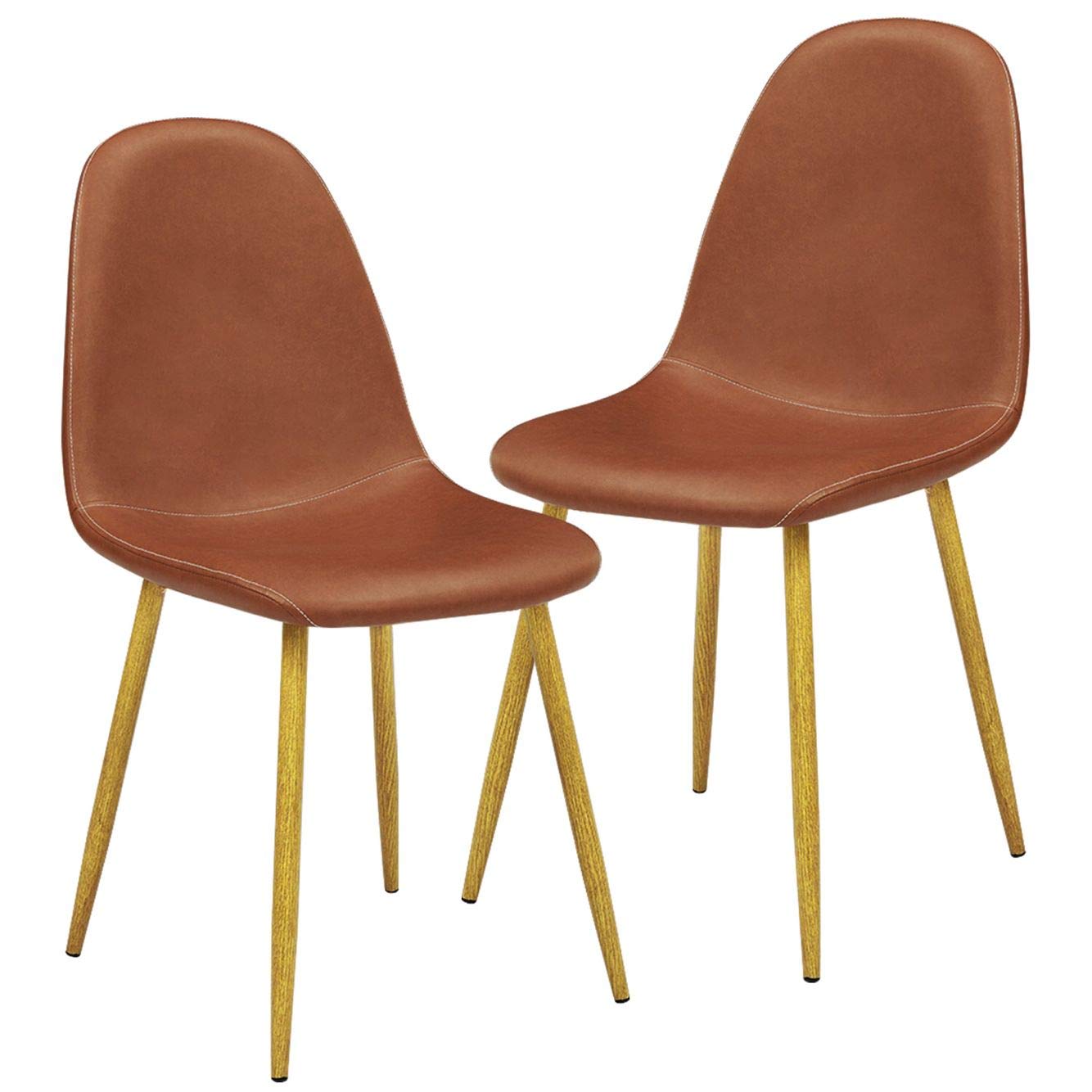 GreenForest Dining Chairs Set of 2, Vintage PU Leather Upholstered Side Chairs, Mid Century Modern Kitchen Room Chairs,with Metal Legs,Camel Brown