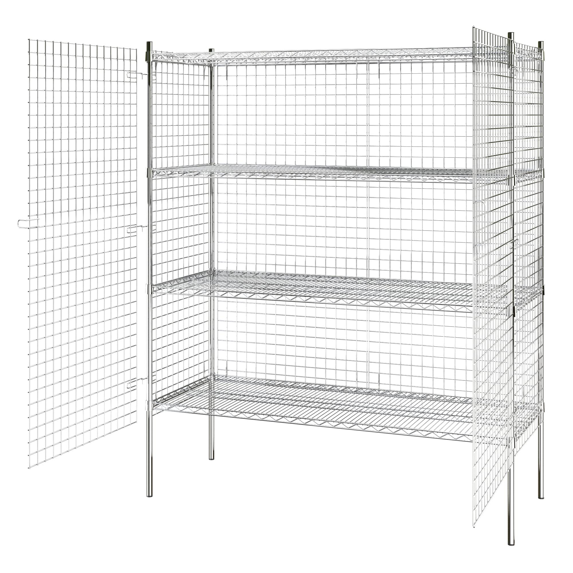 Krollen Industrial NSF Stationary Wire Chrome Security Cage Kit - 24" x 60" x 74" With 4 Shelves