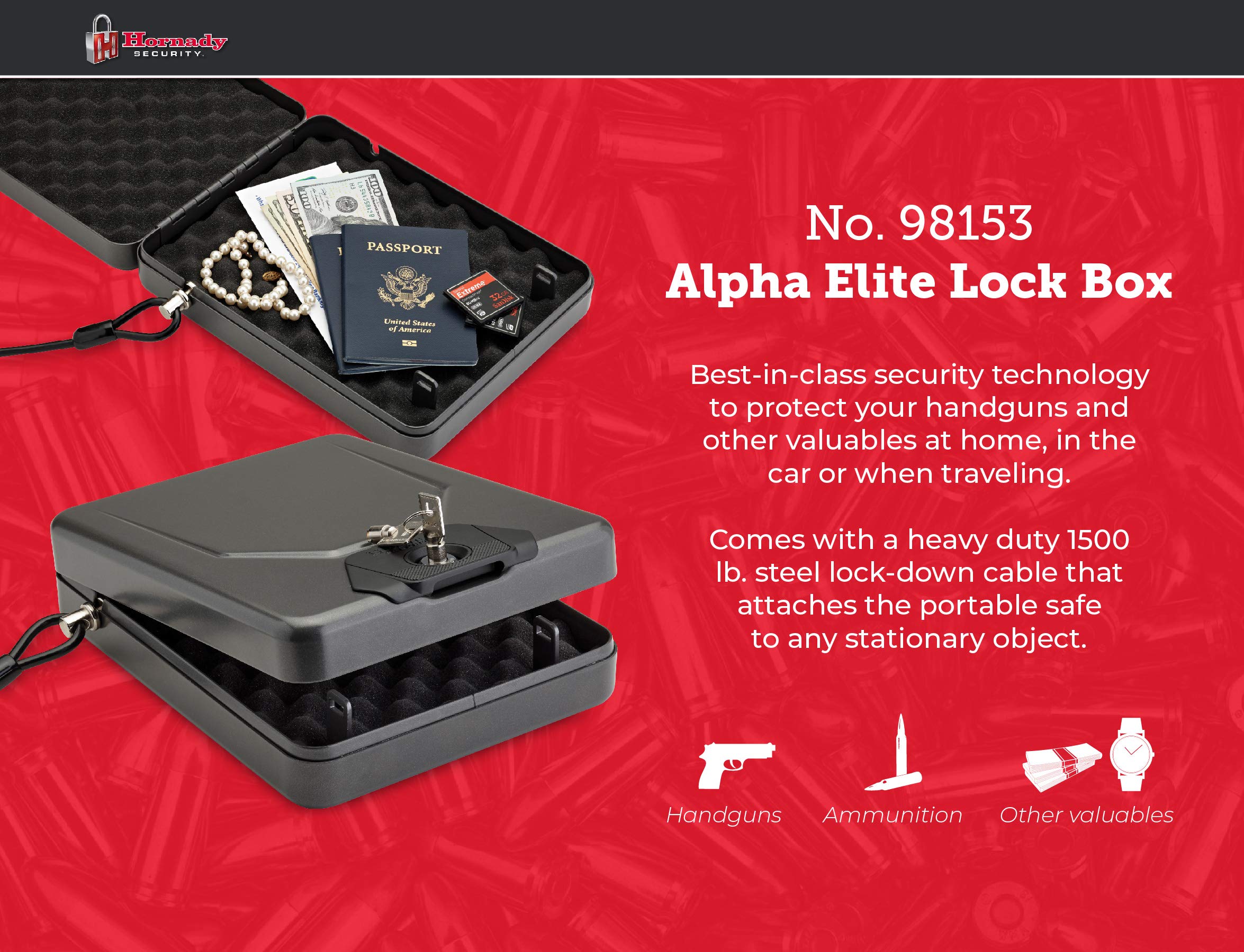 Hornady Alpha Elite Portable Lock Box for Guns and Valuables β Includes 2 Keys and 4 Foot Steel Cable β Thick 16-Gauge Steel, An Ideal Car Lock Box or Truck Safe β Black, 10.25 x 8 x 2.75 Inches