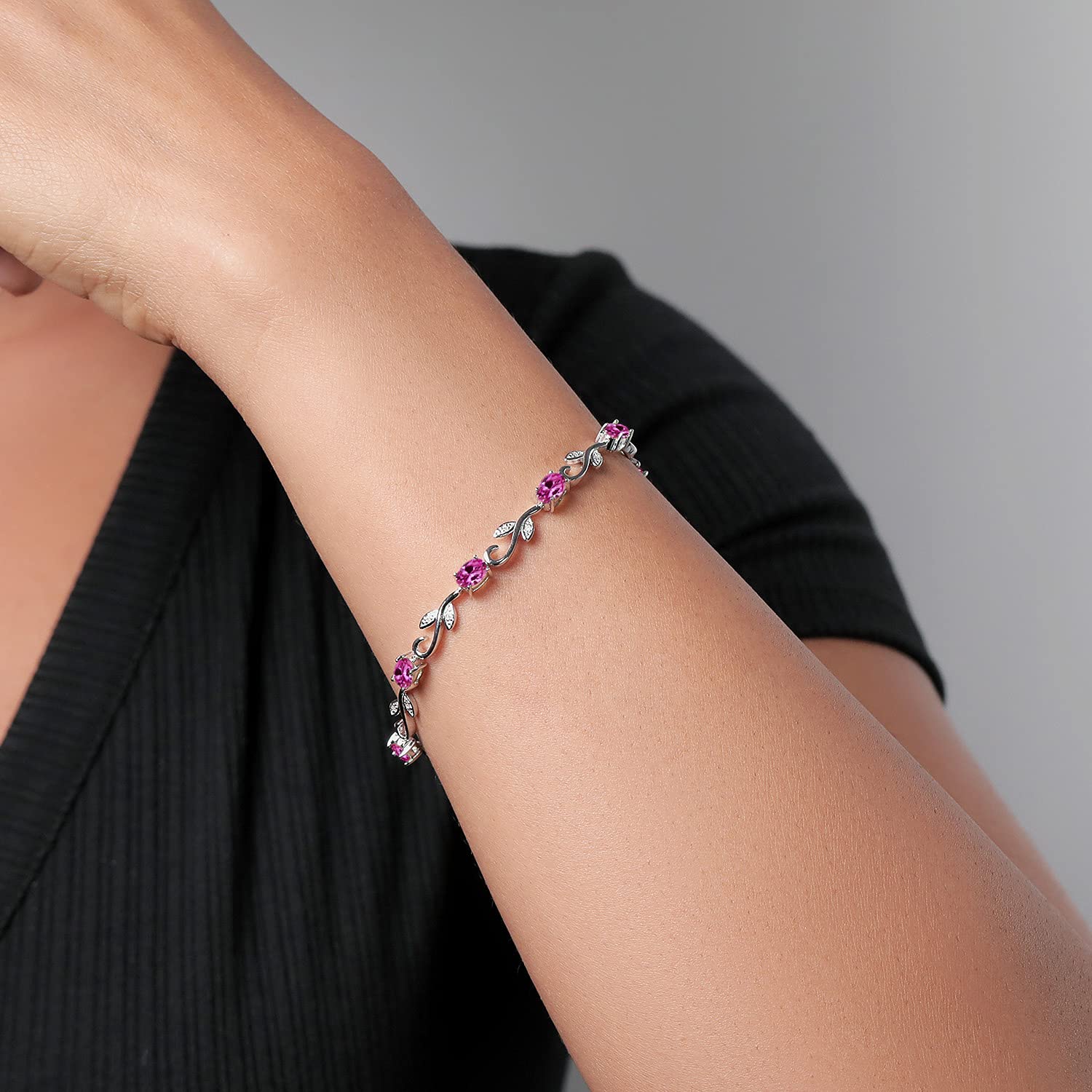 Gem Stone King 925 Sterling Silver Pink Created Sapphire and Diamond Greek Vine Tennis Bracelet For Women (4.63 Cttw, 7 Inch, Oval 6X4MM)