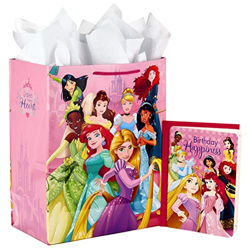 Hallmark 13" Large Disney Princess Gift Bag with Birthday Card and Tissue Paper (Ariel, Belle, Rapunzel, Cinderella and More)