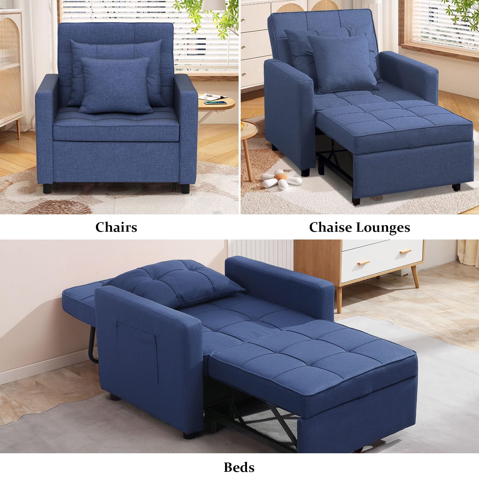 GOOGIC Convertible Chair Bed, 3-in-1 Folding Sofa Bed Chair with Adjustable Backrest, Multi-Functional Pull Out Sleeper Chair Bed Single Armchair Sofa Bed with Side Pocket (Blue)