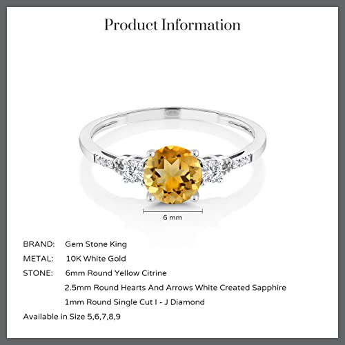 Gem Stone King 10K White Gold 6MM Round Gemstone Birthstone White Created Sapphire & White Diamond Accent 3-Stone Engagement Ring | Three-Stone Wedding Anniversary Promise Ring For Women