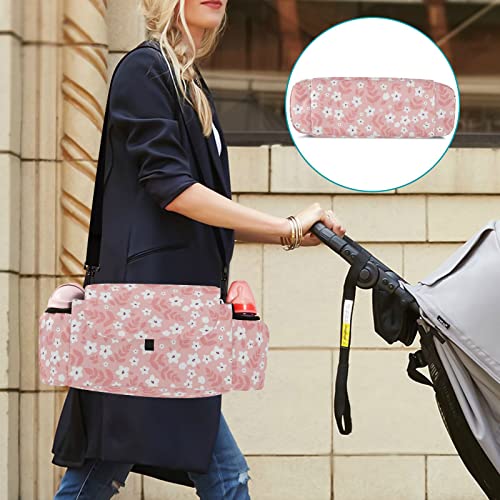 Kigai Flowers on Pink Baby Stroller Organizer with Cup Holders, Secure Hooks Accessories Adjustable Strap Stroller Bag for Bottle, Diaper, Phone, Toys, Baby Items