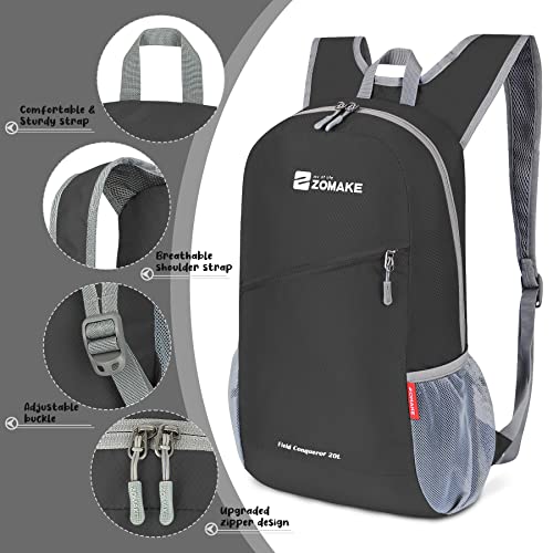 ZOMAKE 20L Small Packable Hiking Backpack for Women Men - Lightweight Travel Hiking Daypack - Water Resistant Foldable Day Pack for Camping Outdoor Sports (Black)