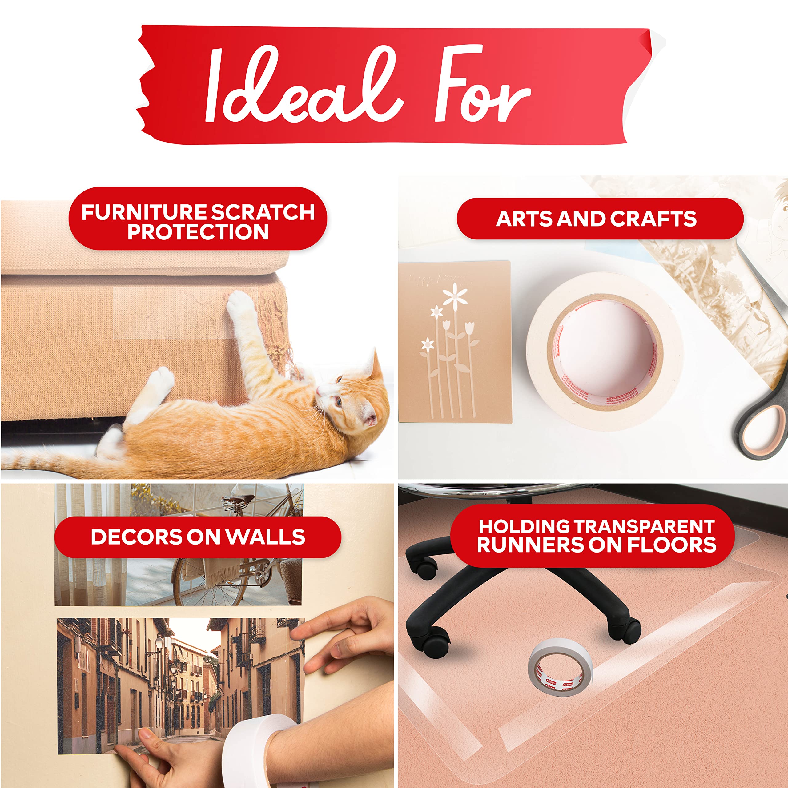 XFasten Double Sided Tape Clear, Removable, 2-Inch by 30-Yards, Ideal as a Gift Wrap Tape, Holding Carpets, and Woodworking