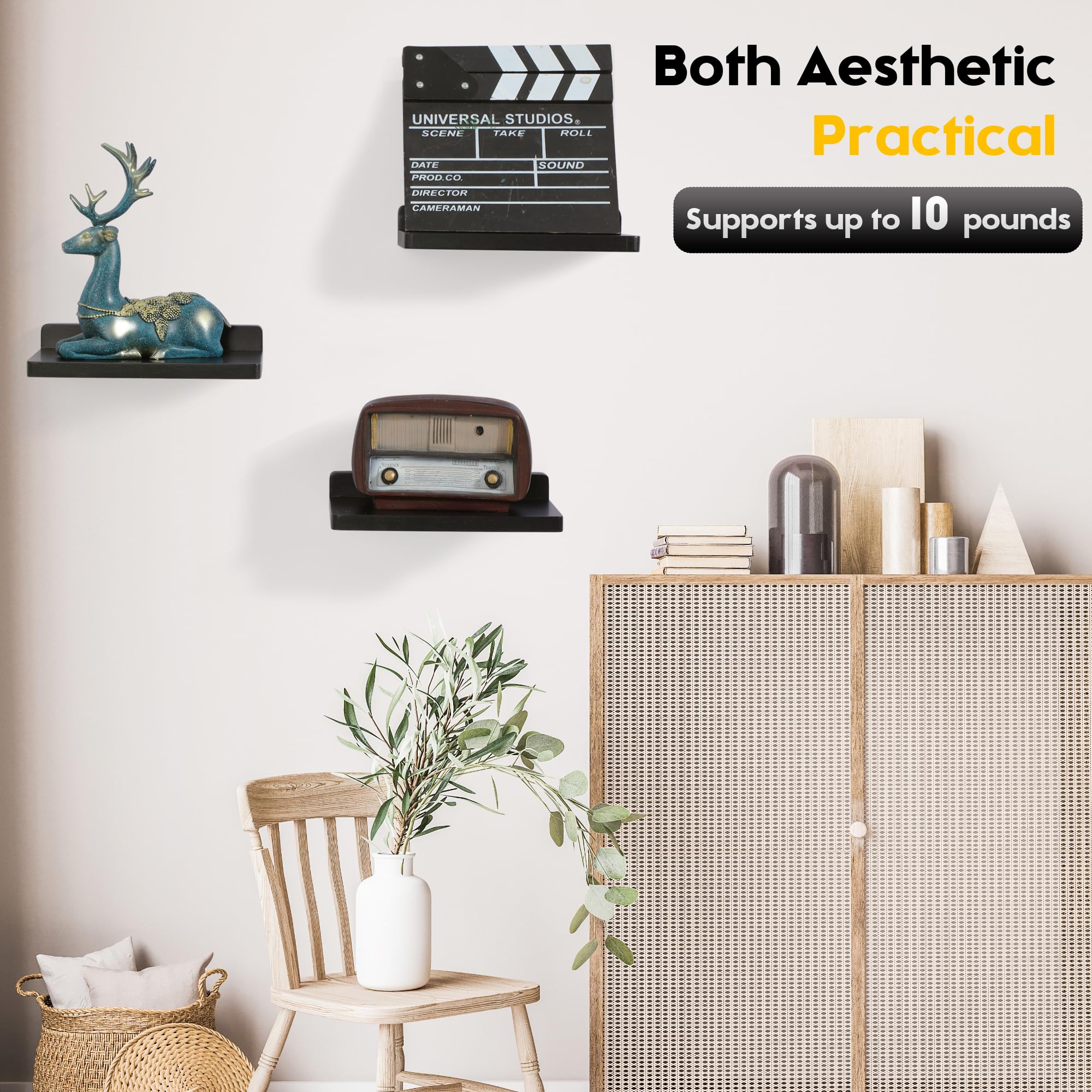 NIUBEST Small Floating Shelf,5 x 8.5 Inch,Set of 3 Small Wall Shelf for Bedroom Living Room Bathroom Kitchen Office (Black)