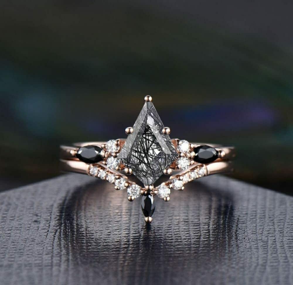kite cut Black rutilated quartz ring rose gold silver engagement ring set for women moissanite ring marquise cut black spinel promise ring (WHITE GOLD, 6)