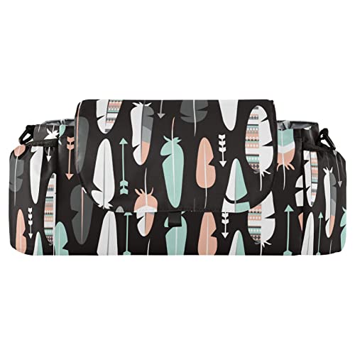 Kigai Indian Mint Aztec Feathers Baby Stroller Organizer with Cup Holders, Secure Hooks Accessories Adjustable Strap Stroller Bag for Bottle, Diaper, Phone, Toys, Baby Items