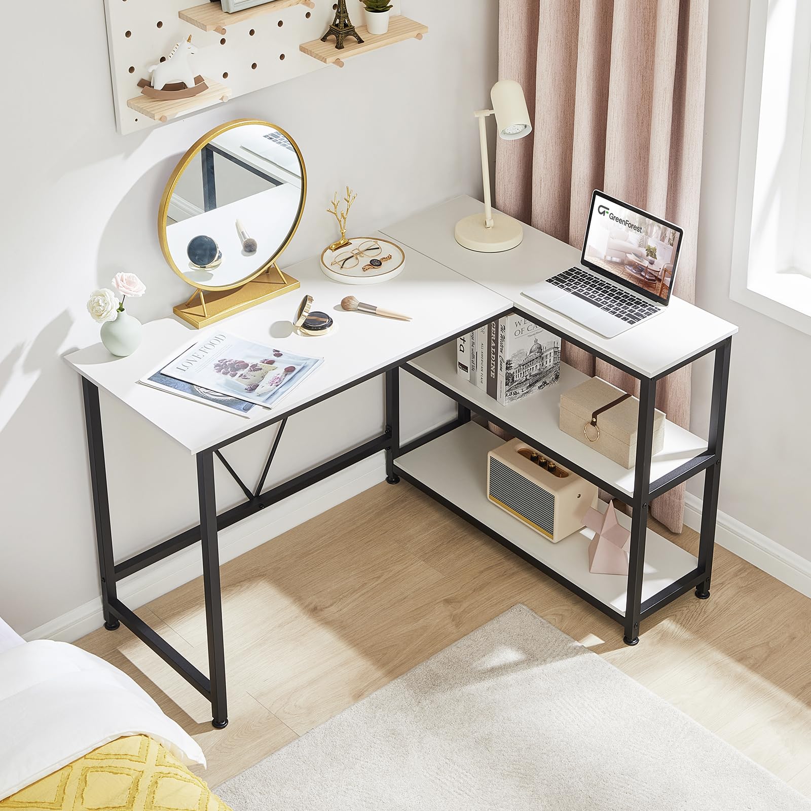 GreenForest Small L Shaped Desk 47 inch l Desk with Storage Shelf Writing Corner Computer Desk Saving Space for Home Office PC Workstation Laptop Table, White
