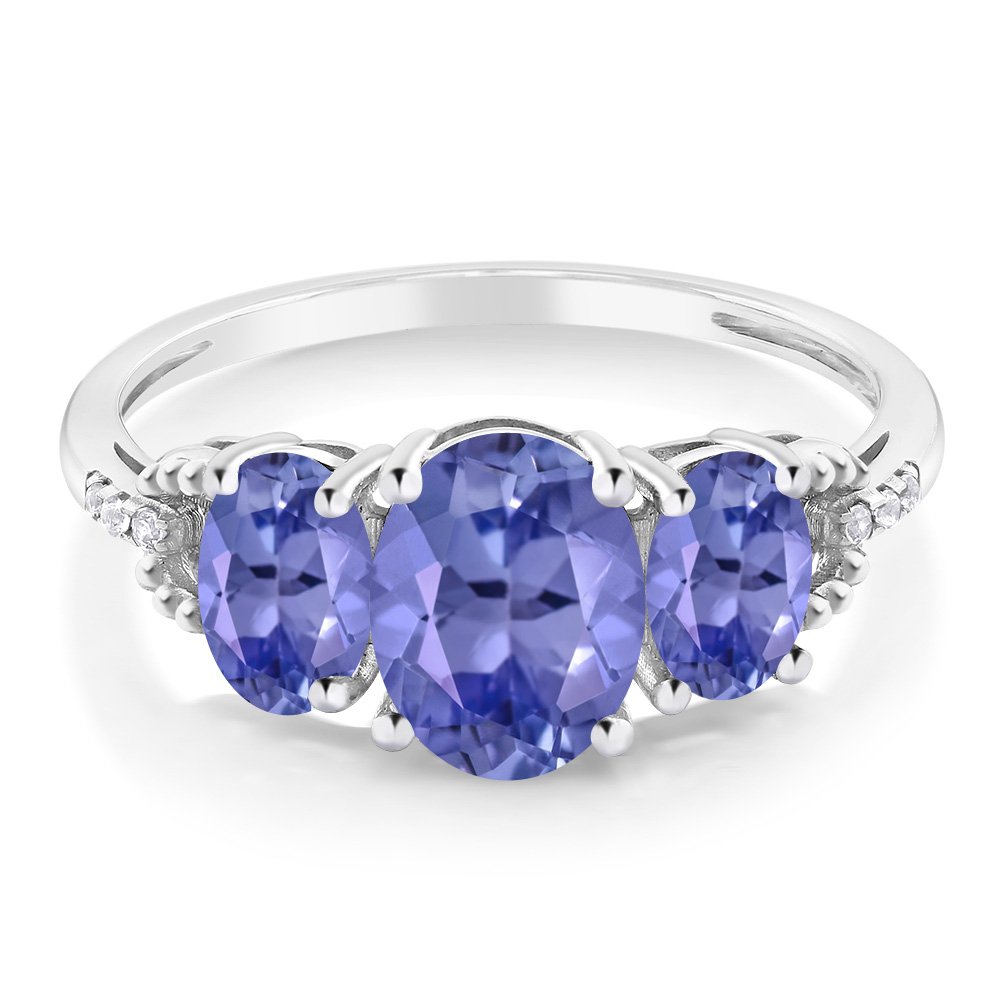 Gem Stone King 2.11 Cttw 10K White Gold Oval Blue Tanzanite and Diamond Accent 3-Stone Engagement Ring | 3 Stone Wedding Anniversary Promise Ring For Women | Available In Size 5-9.5