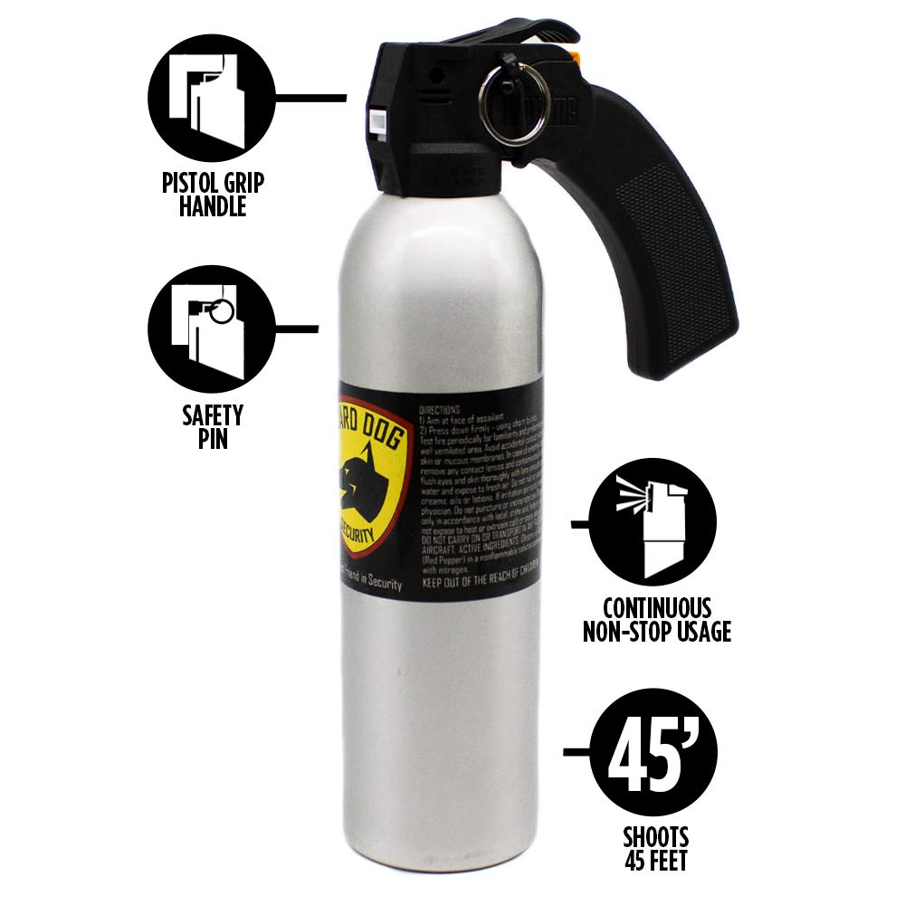 Guard Dog Home Defense Pistol Grip 24 oz pepper spray, 150 Bursts, 45 Feet (14 Meter) Range, UV Marking Dye, crowd control, Full Hand Grip, Safety pin (Single)