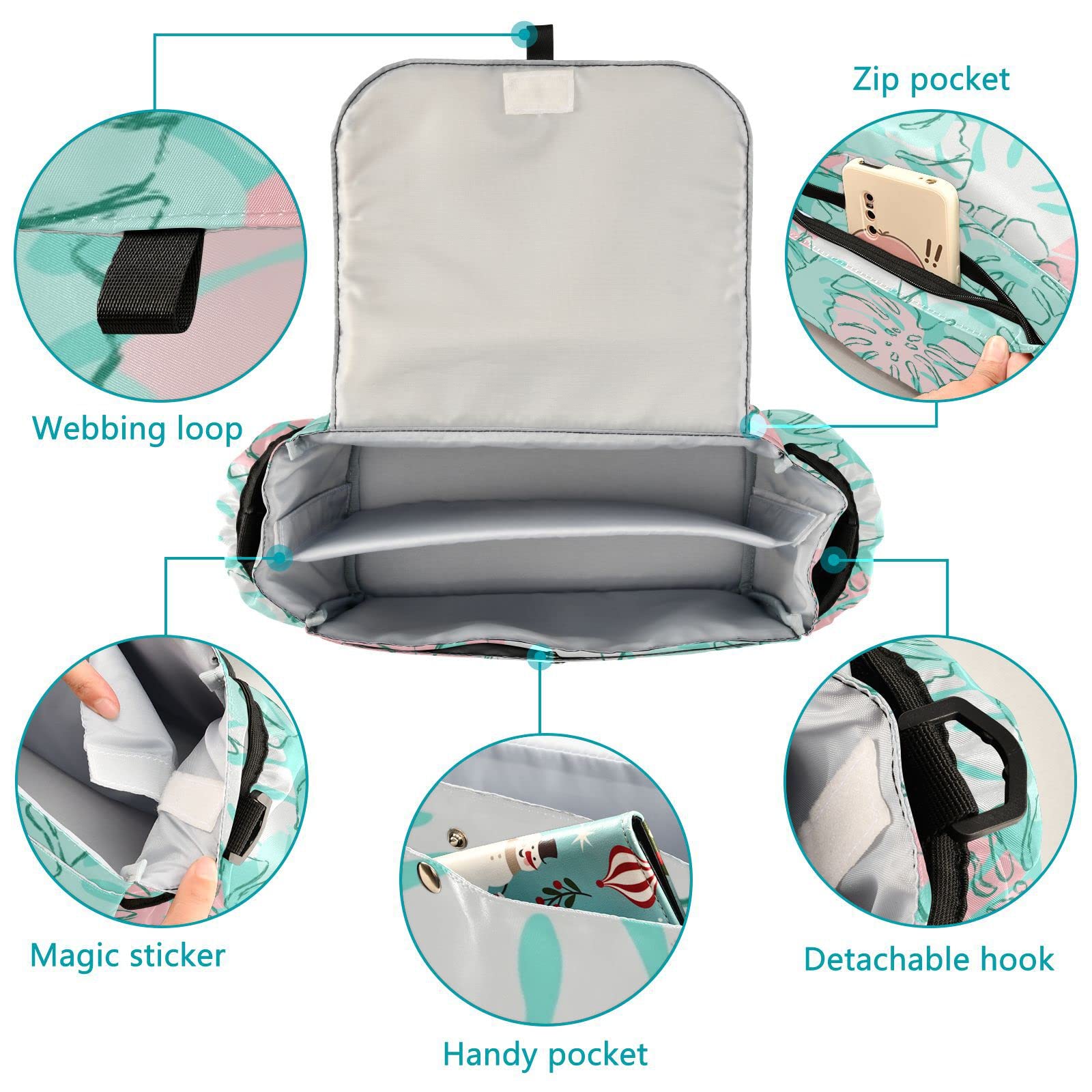 Kigai Monstera Leaf Baby Stroller Organizer with Cup Holders, Secure Hooks Accessories Adjustable Strap Stroller Bag for Bottle, Diaper, Phone, Toys, Baby Items