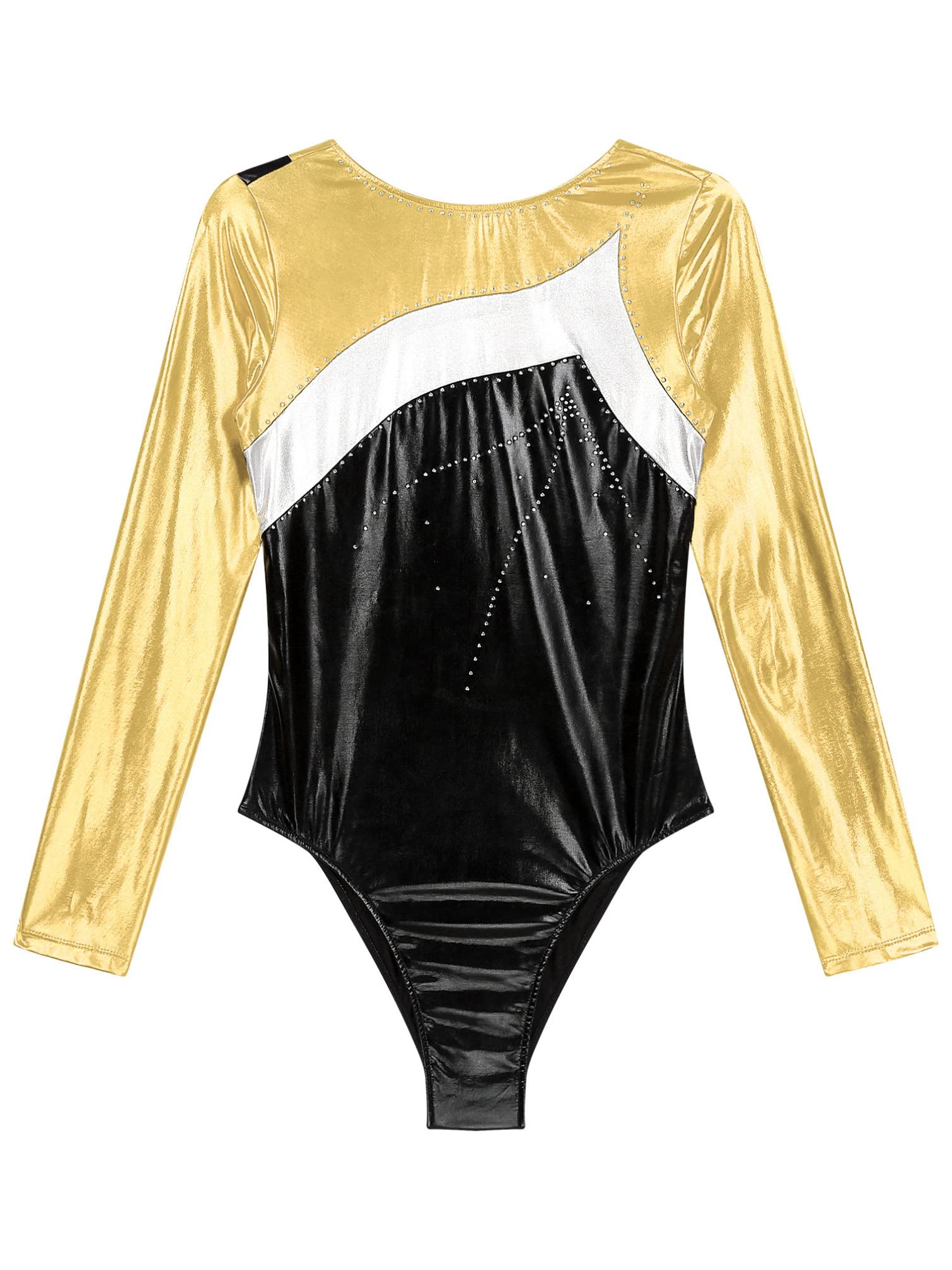 Jugaoge Womens Long Sleeves Gymnastics Leotard Shiny Metallic Biketards Bodysuit Tops Unitard Bodycon Blue Medium