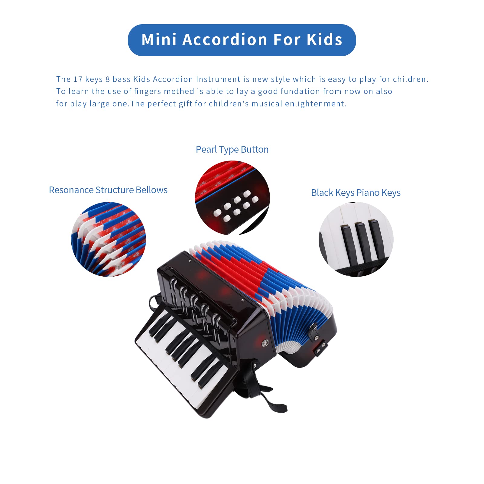 Kids Accordion 17-Key Mini Toy Accordion with Leather Strap for Beginners