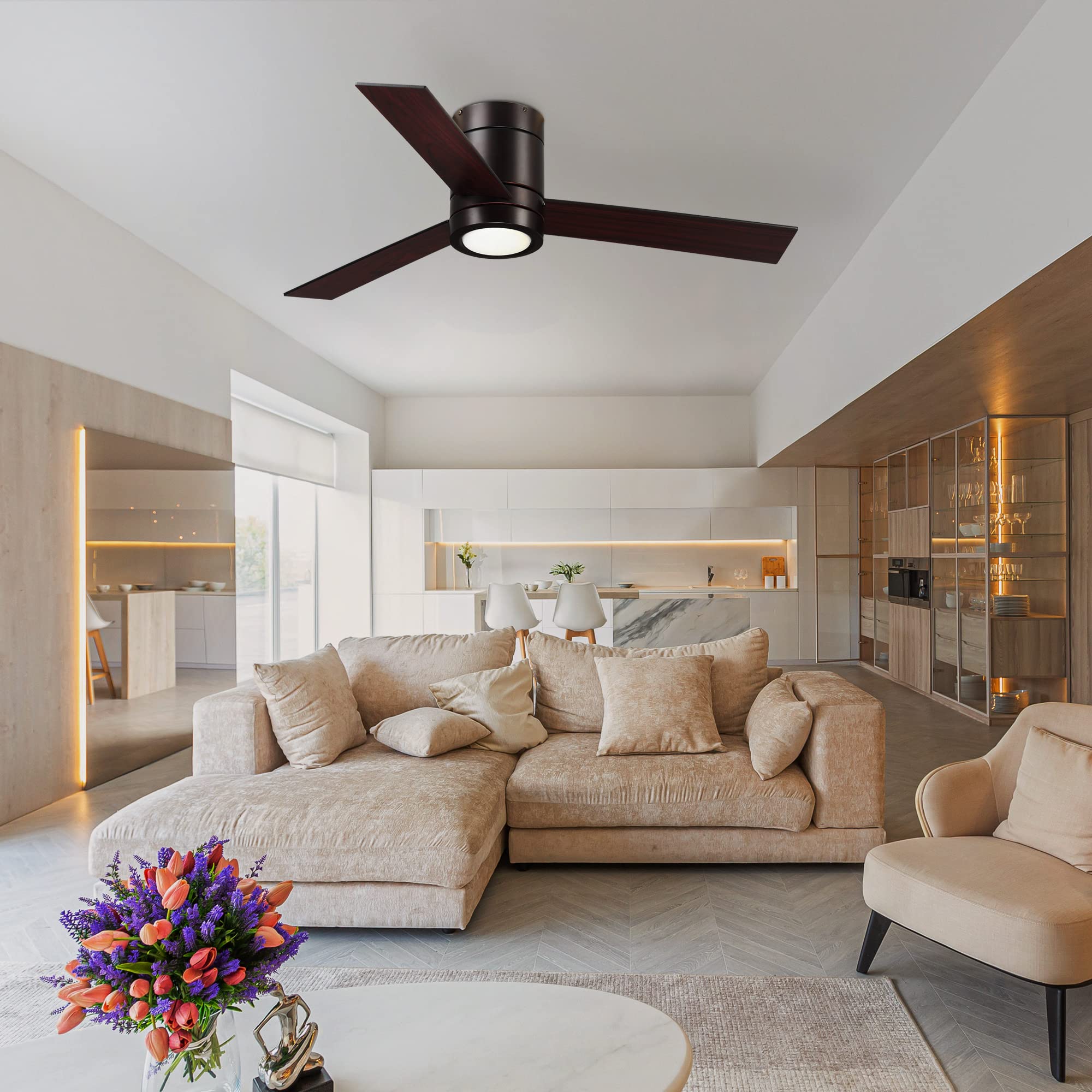 HOMCOM 44'' Mount Ceiling Fan with Light, Modern Indoor LED Lighting Fan with 3 Dual Finish Blades, Remote Control, for Bedroom, Living Room, Brown
