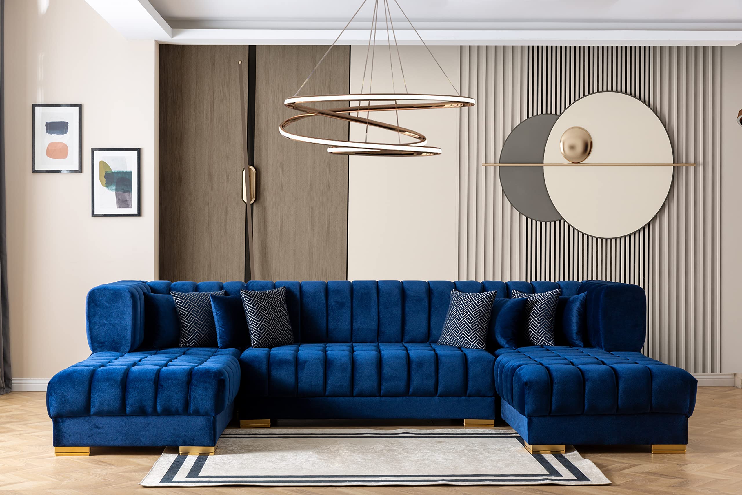 STAFFORA Sectional Sofa, Double Chaise Oversized U Shaped Couch, Ariana 7 Seater Velvet Sofa for Living Room (Blue)