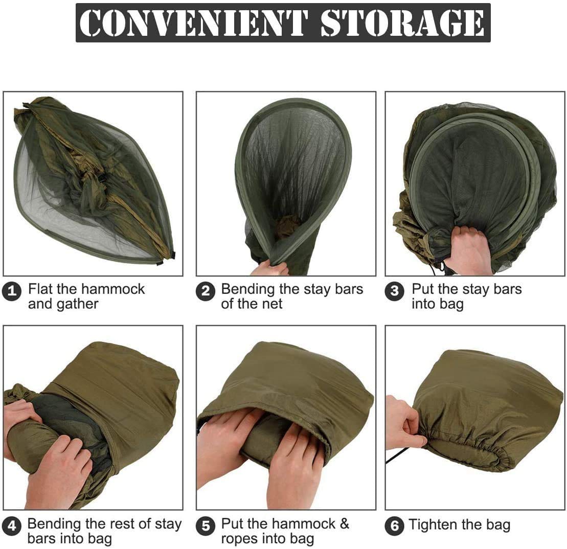 Hammock with Mosquito Net, 2 Person Outdoor Travel Hammock Lightweight Nylon Portable Hammock with Net and 2 x Tree Straps for Camping Hiking (Army Green, 250 120cm)