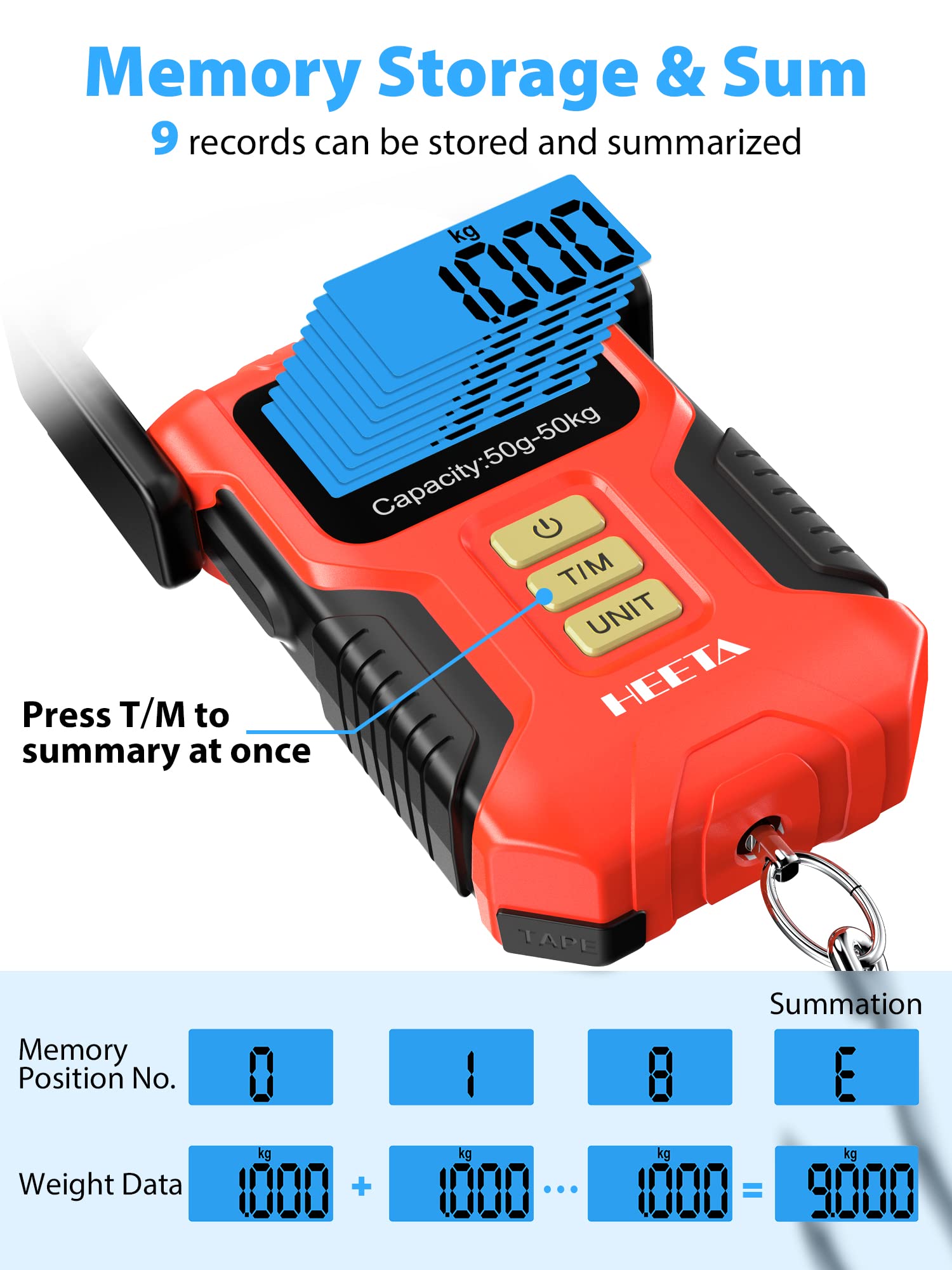 HEETA Waterproof Fishing Scale, Digital Fish Scale 110lb/50kg with Memory Function, Portable Hanging Luggage Scale with Fluorescent Button, 40β Ruler, Backlit LCD Display- Weight Scale, Red
