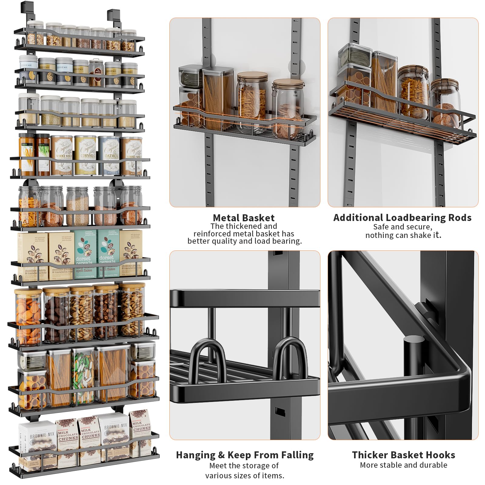 MSERCUOR Over The Door Pantry Organizer Rack, 9-Tier Metal Pantry Organization And Storage with Adjustable Baskets, Hanging Spice Rack for Home & Kitchen Laundry Room Bathroom (9 Tier Black)