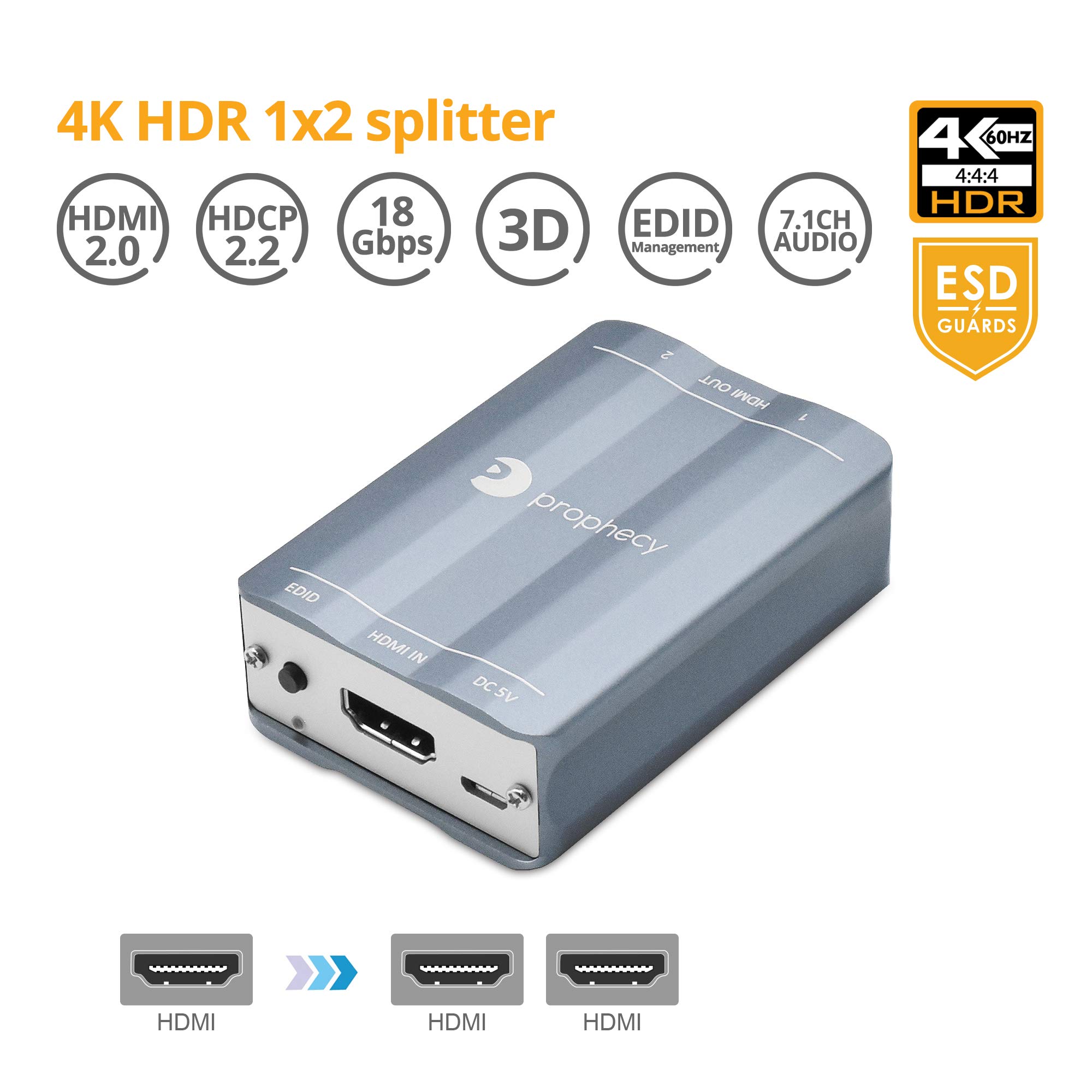 gofanco Prophecy 4K 1x2 HDMI 2.0 Splitter – 4K @60Hz YUV 4:4:4, HDR, 3D, HDCP 2.2/1.4, EDID, 18Gbps, ESD Protection, 2 Way Port, 1 in 2 Out, TAA Compliant (PRO-HD20split2P)
