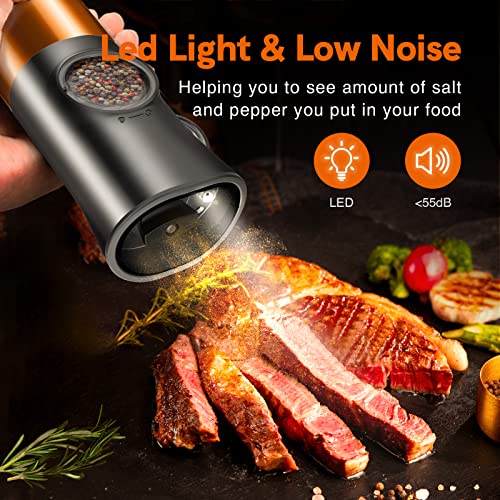 Gravity Electric Salt and Pepper Grinder Set - USB Rechargeable,Automatic Salt Pepper Mill with 5 Adjustable Coarseness, Ceramic Grinder with Bottom Cap, White LED Lights