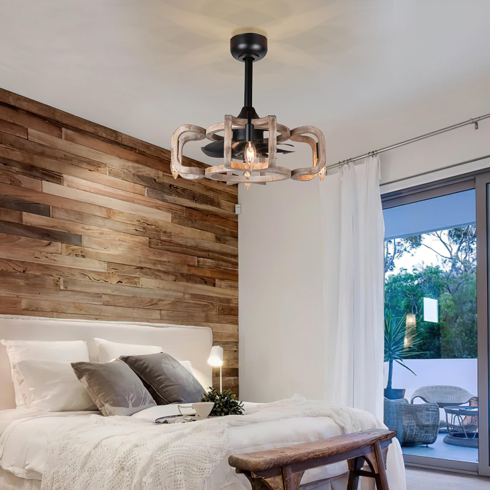 GQR Flush Mount Ceiling Fan with Light, Farmhouse Wood Ceiling Fan with Remote, Caged Fandelier Ceiling Fan Light, Low Profile Ceiling Fan for Bedroom Kitchen, Vintage Solid Redwood Grain