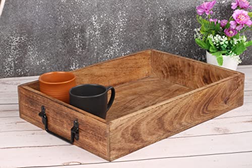 Wooden Decorative Serving Tray with Metal Handles | Wood Trays for Breakfast in Bed, Lunch, Dinner, Appetizers, Patio, Ottoman, Coffee Table, Party (15" X 11" x 2.75")