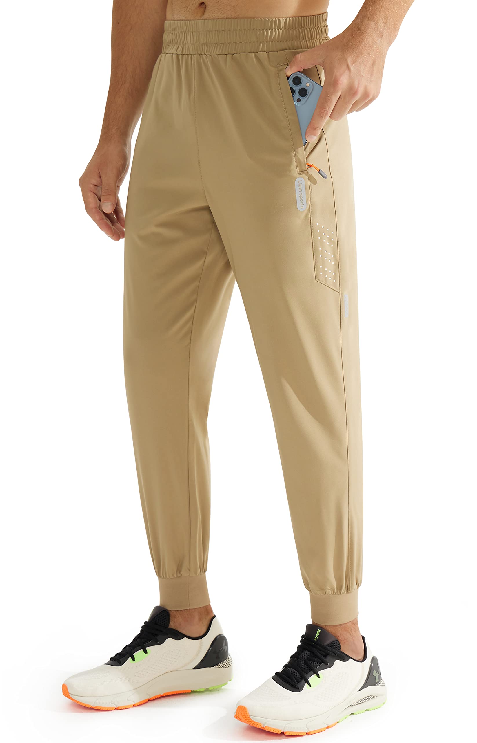 Libin Men's Lightweight Joggers Quick Dry Athletic Track Pants Joggers for Men Gym Workout Running Training Hiking Travel, Khaki L