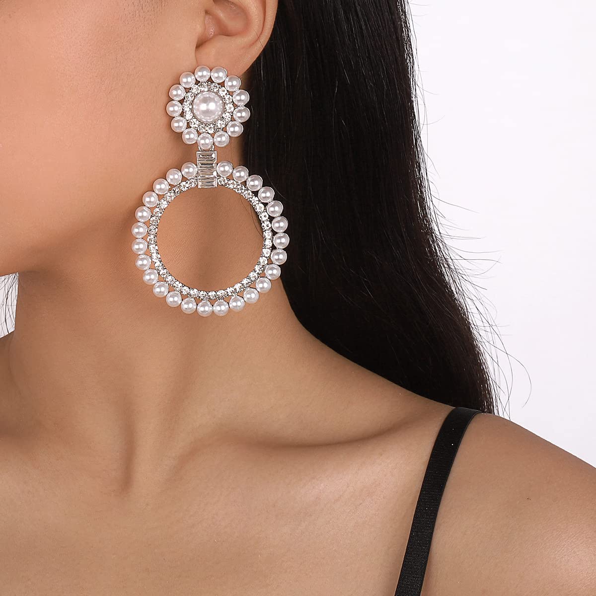 Jumwrit Pearl Hoop Earrings Big Circle Dangle Drop Earrings Rhinestone Round Stud Earrings Statement Pearl Earrings for Women Girls(Silver)