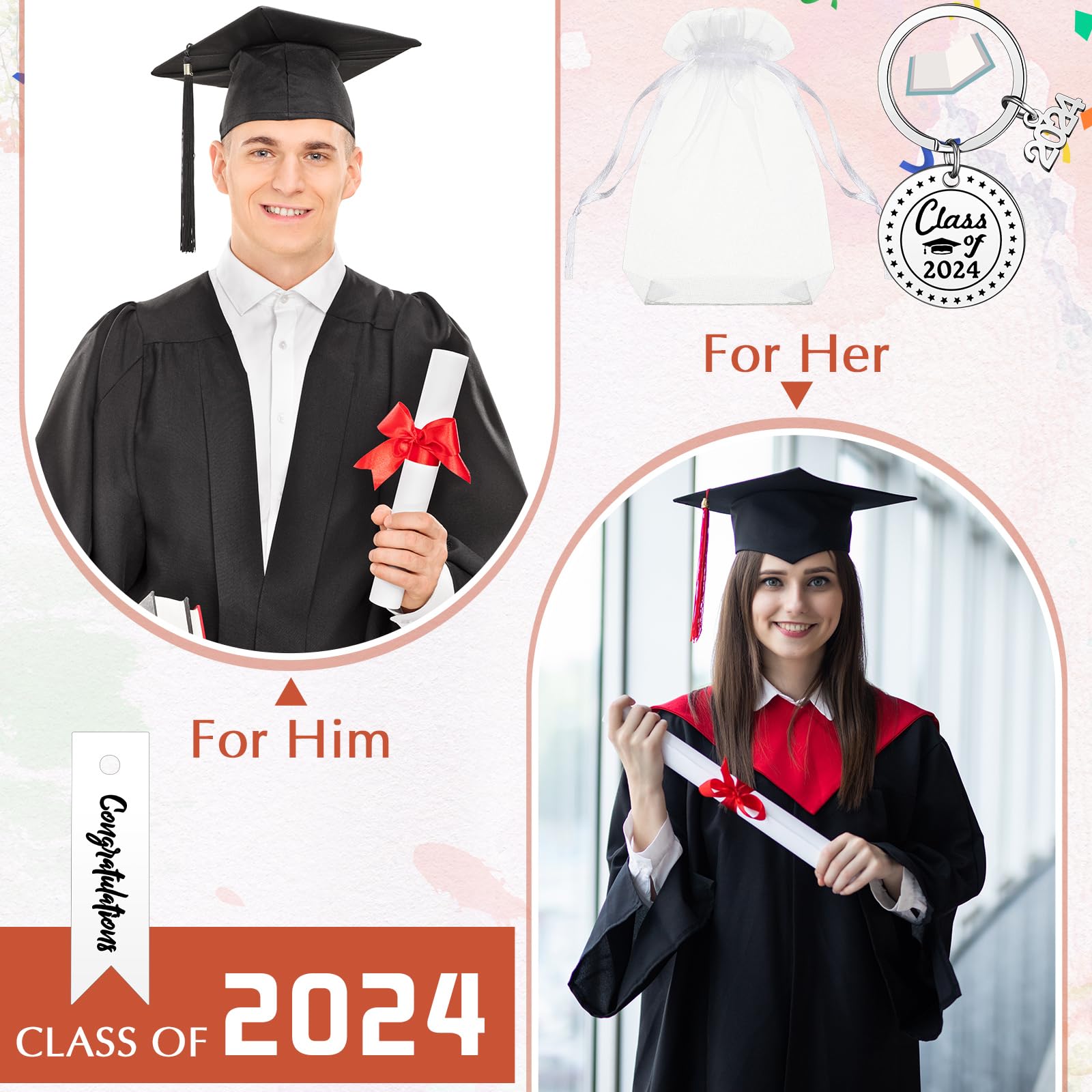 Kigeli 30 Pcs Class of 2024 Keychain Graduation Gift Keychain Bulk Inspirational Key Chain for Senior High School College (Simple)