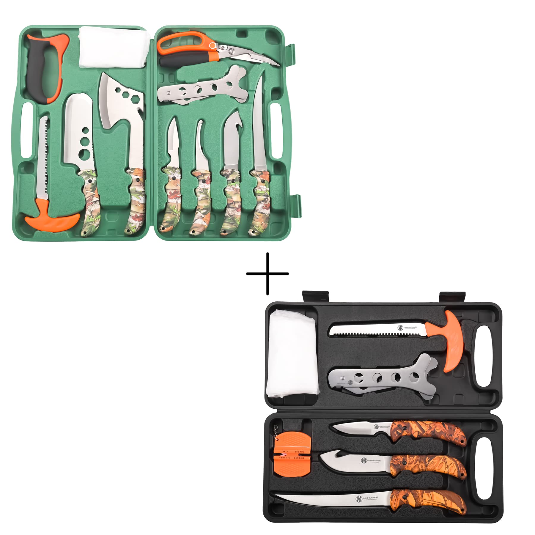 KNINE OUTDOORS 2022 Hunting Deer Knife Set Red Maple Camo Handle Field Dressing Kit Portable Game Processor Set with Nylon Belt Sheath, 8&12 Pieces, Green Black Case