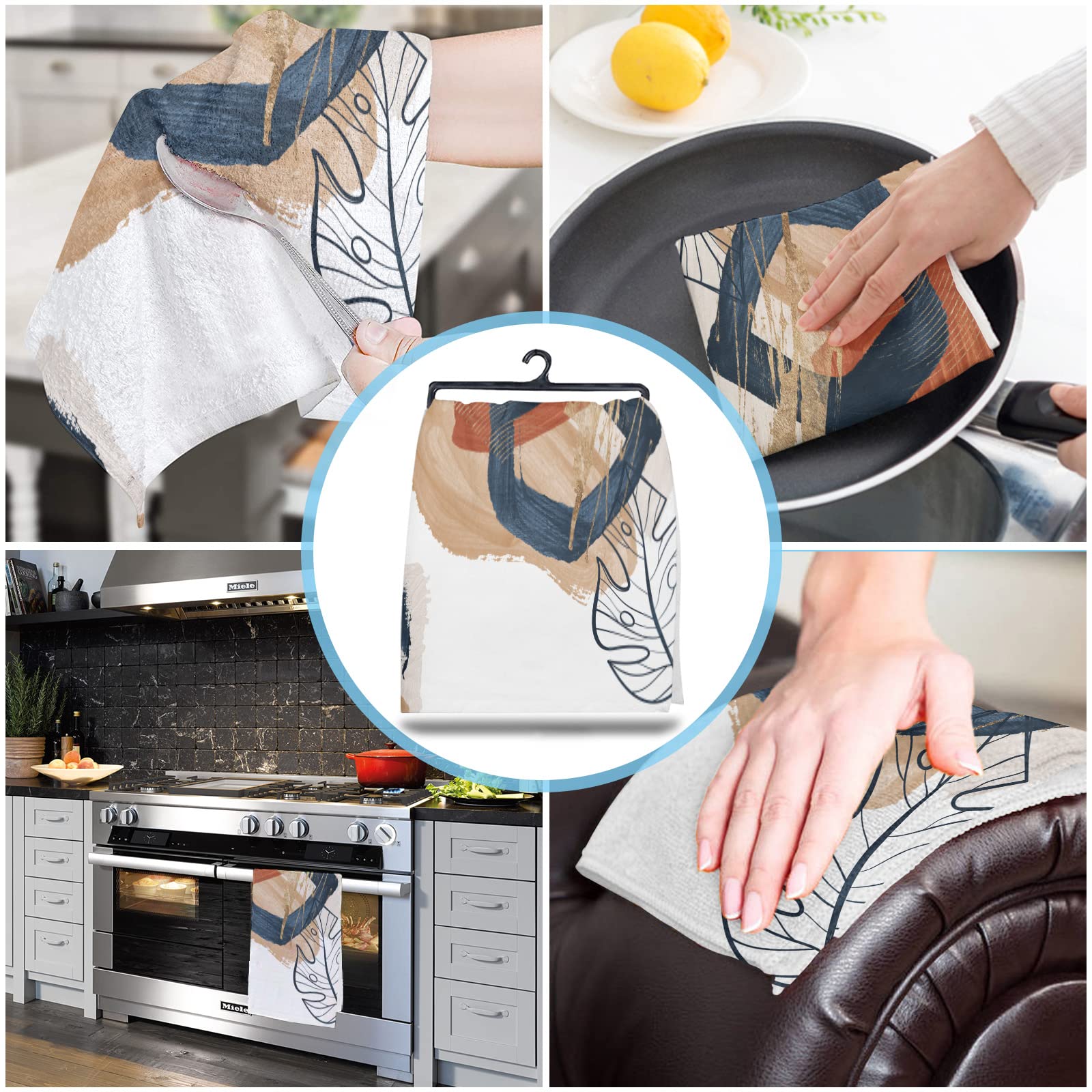 Kitchen Towels Dish Towel Set of 3,Abstract Geometric Mid Century Tropical Leaf Absorbent Hand Towels Cleaning Dishcloth Tea Towels,Terracotta Color Block Minimalist Reusable Drying Dish Cloths