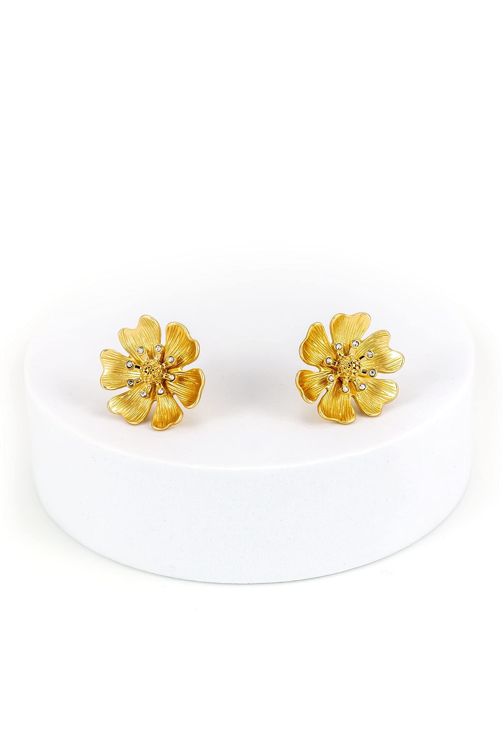 Laura Ashley Womens Jewelry Gold Large Flower Stud Floral Earrings with Crystal
