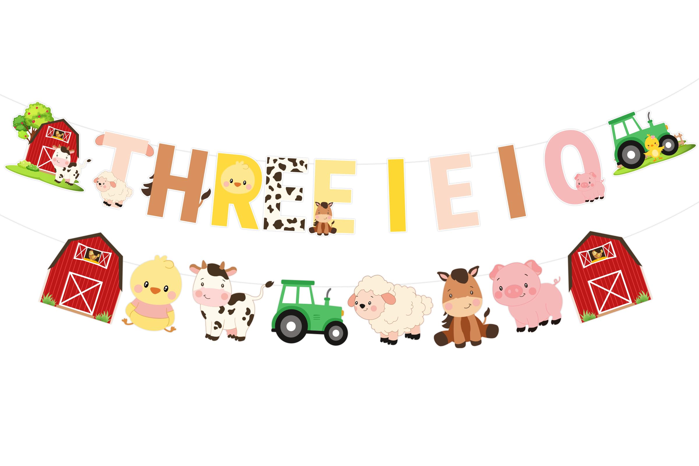 Sursurprise Farm 3rd Birthday Decorations, THREE I E I O Farm Animals Banner for Barnyard Farm Birthday Party Supplies