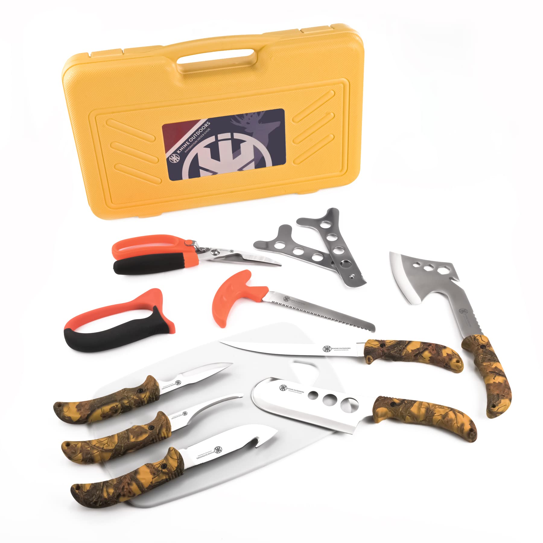 KNINE OUTDOORS 2022 Hunting Deer Knife Set Yellow Handle Field Dressing Kit Portable Butcher Game Processor Set, 12 Pieces, Yellow Green Case