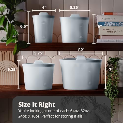 Greater Goods Reusable Silicone Containers for Food Storage, BPA- Free, Microwave, and Oven Safe, Midnight Gray, Complete (16 Oz, 24 Oz, 32 Oz, 64 Oz), 1 Set