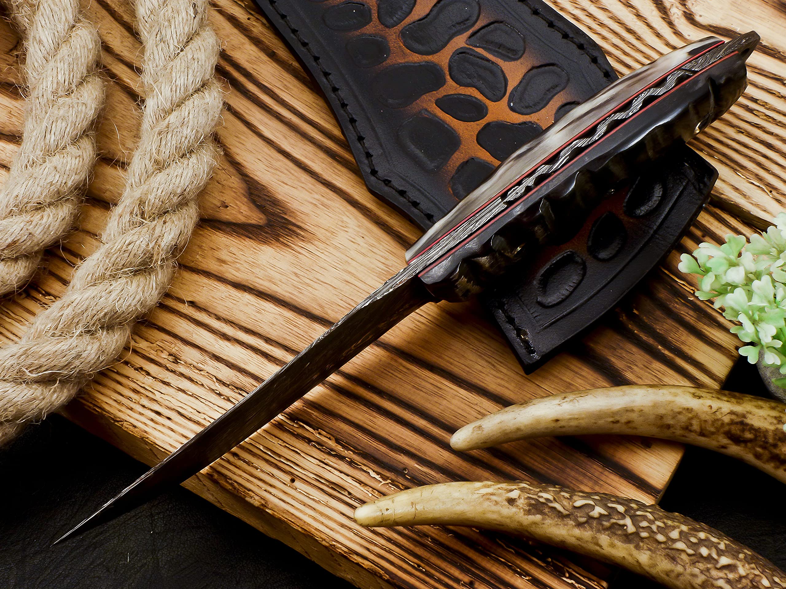 Handmade Damascus Hunting Knife with Sheath for Belt – 10 inches Fixed Blade full tang 1095 steel knife with Sheep Horn Handle